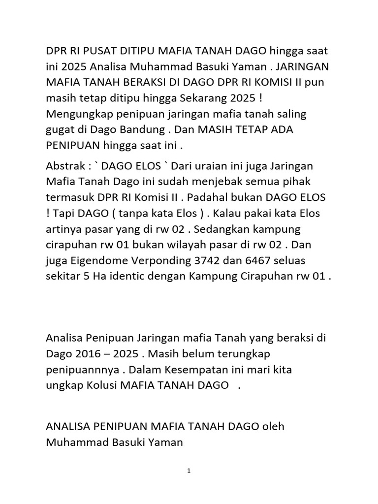 DPR Ri Pusat Ditipu Mafia Tanah Dago Hingga Saat Ini 2025 Analisa Muhammad Basuki Yaman | PDF