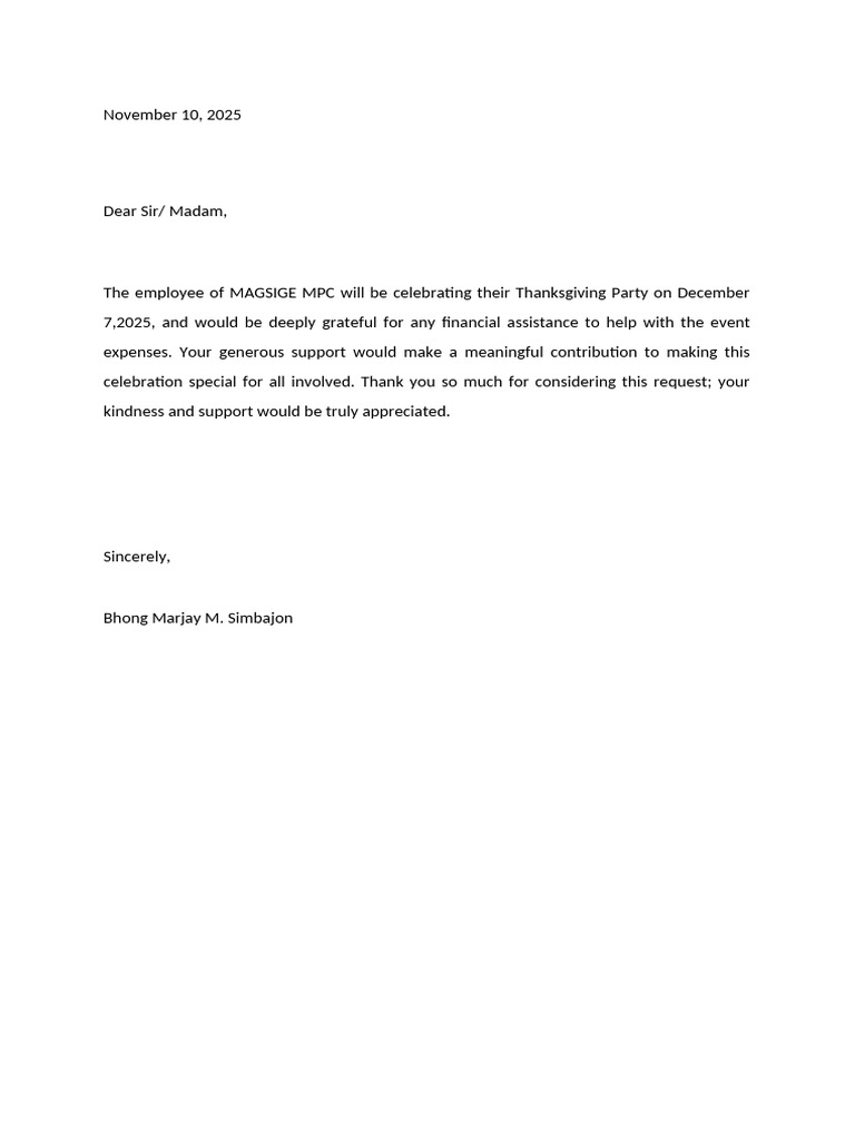 Request for Thanksgiving Party Support | PDF