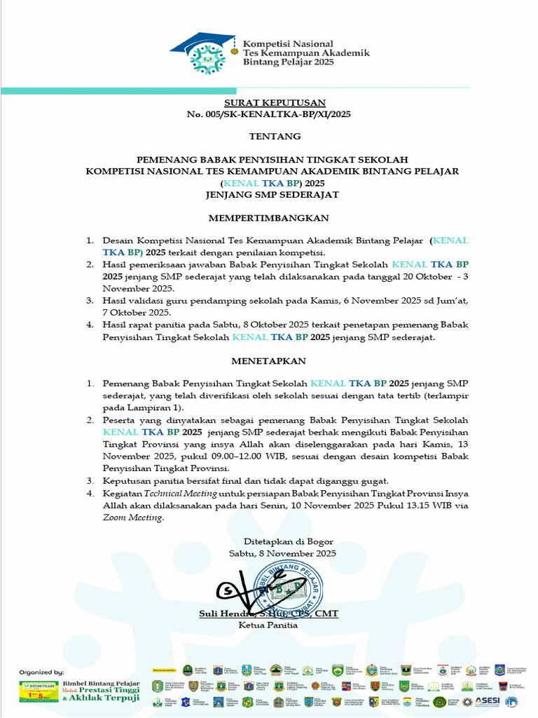 No. 005.Sk Kenaltka BP Xi 2025 Pemenang Babak Penyisihan Sekolah Kenal Tka Bintang Pelajar | PDF
