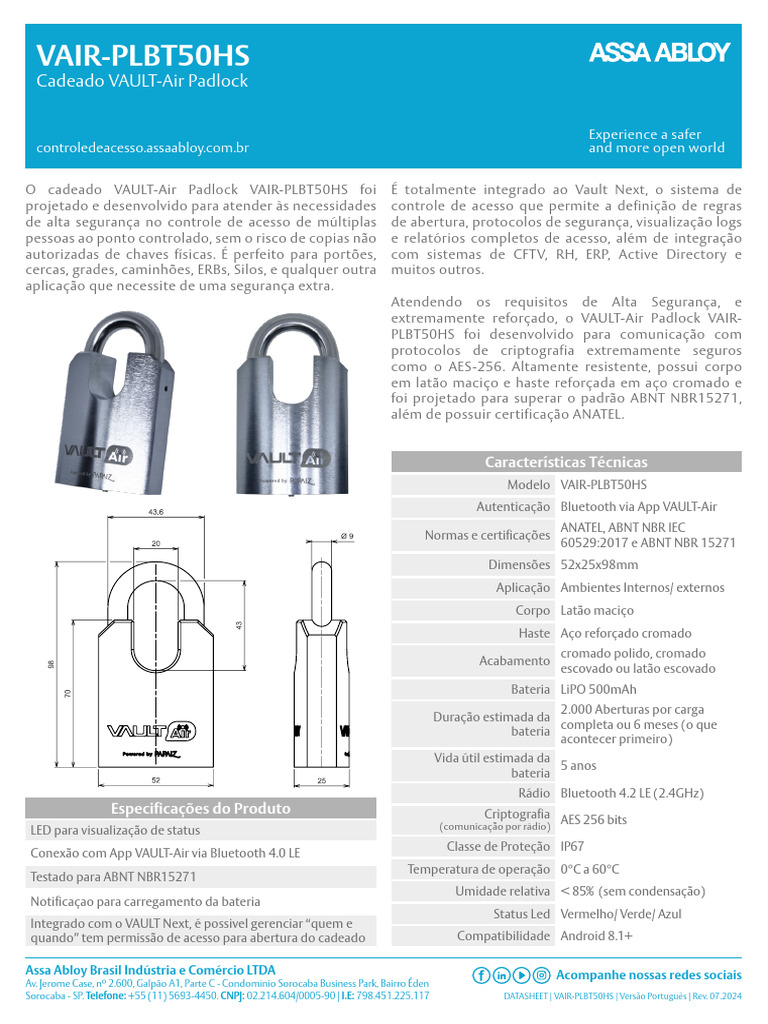 Datasheet - Cadeado VAULT-Air Padlock - VAIR-PLBT50HS | PDF ...