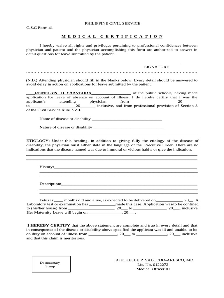 CSC Form No. 41 Medical Certificate | PDF | Public Services | Health ...