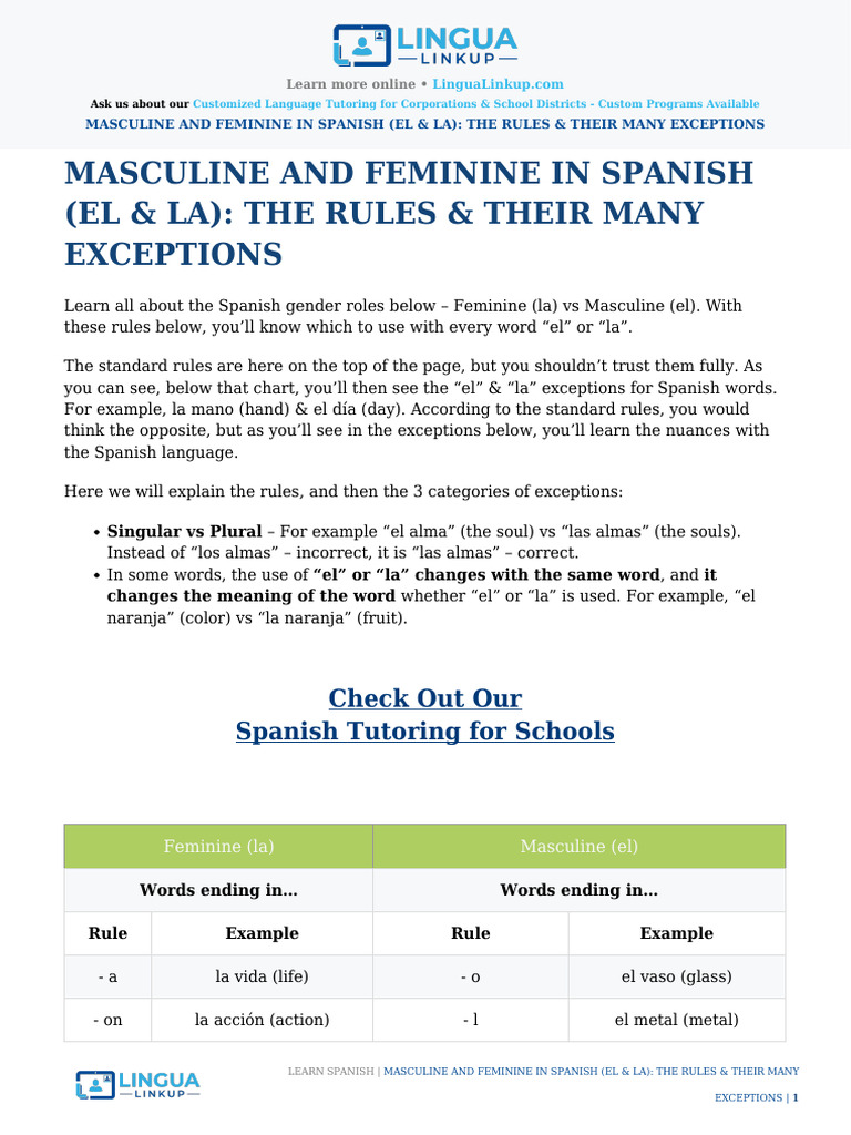 Spanish Gender Rules: El & La Explained | PDF | Grammatical Gender ...