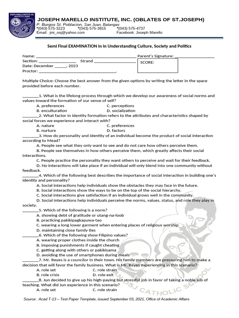 Semi-Final Exam: Culture, Society, Politics | PDF | Socialization ...