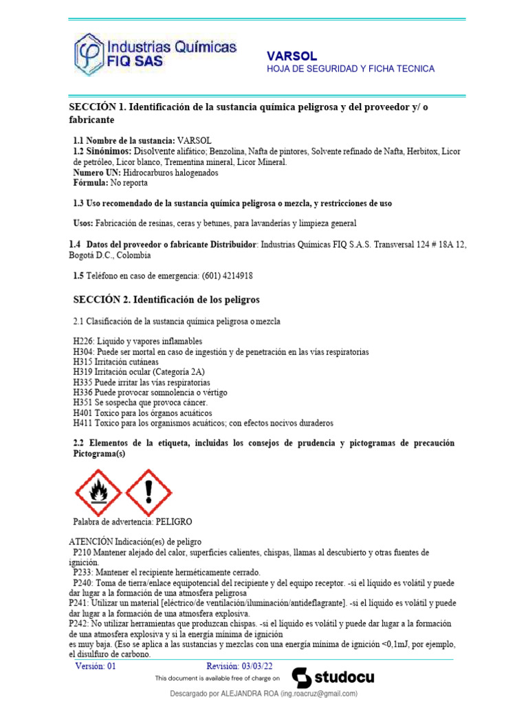 FDS Varsol | PDF | Residuos