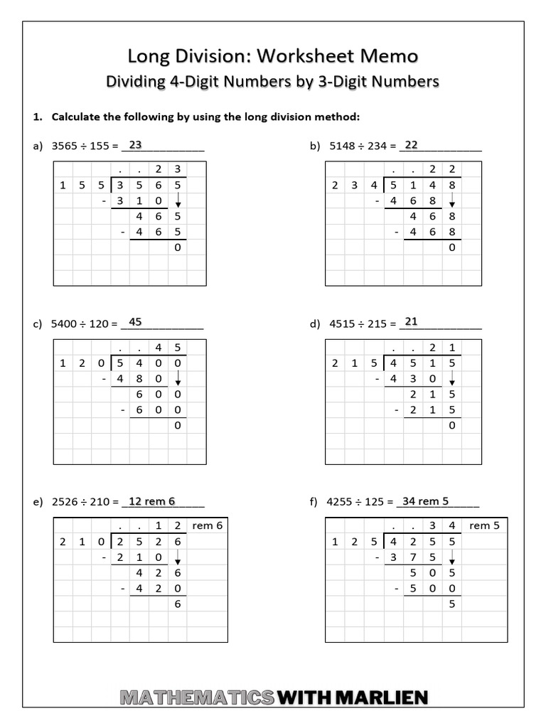 (PDF) Worksheet Memo - Long Division 4-Digit by 3-Digit | PDF