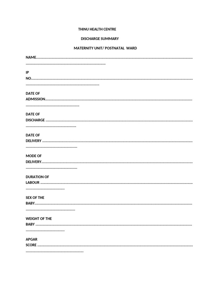 Maternity Discharge Summary Template | PDF | Childbirth | Parenting