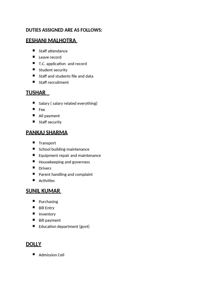 Duties Assigned Are As Follows | PDF