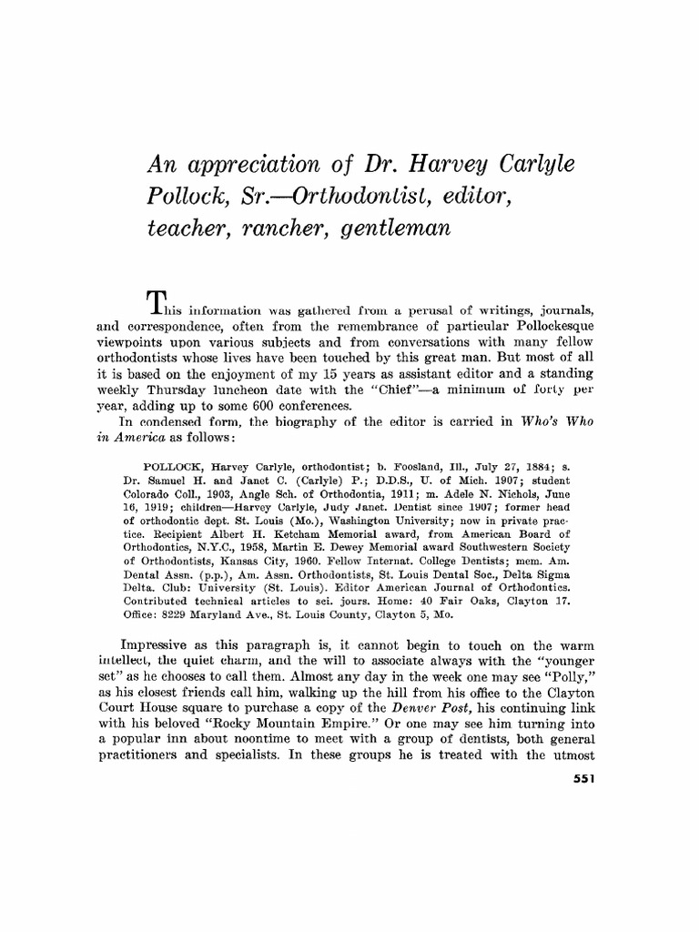 Tribute to Dr. Harvey Carlyle Pollock | PDF | Orthodontics | Dentistry