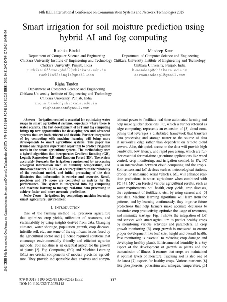 Smart Irrigation For Soil Moisture Prediction Using Hybrid AI and Fog Computing | PDF | Internet ...