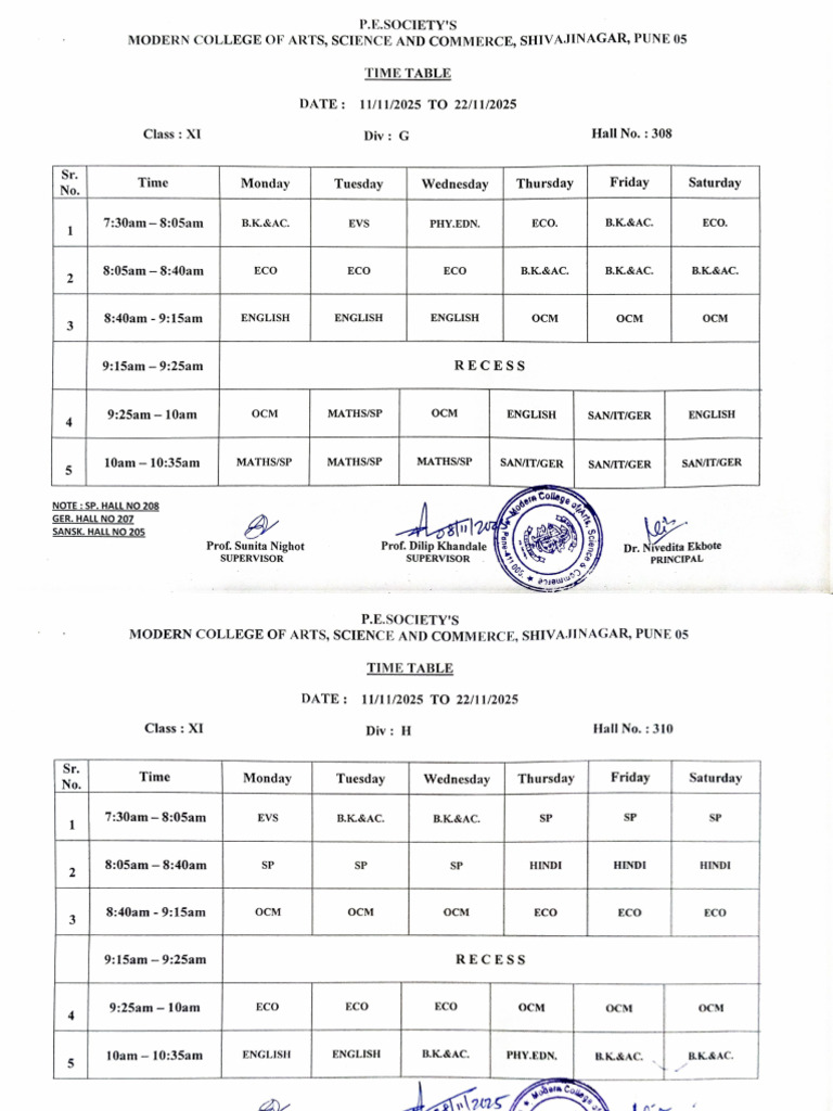 XI Commerce. Div - G, H, I & J Time Table | PDF