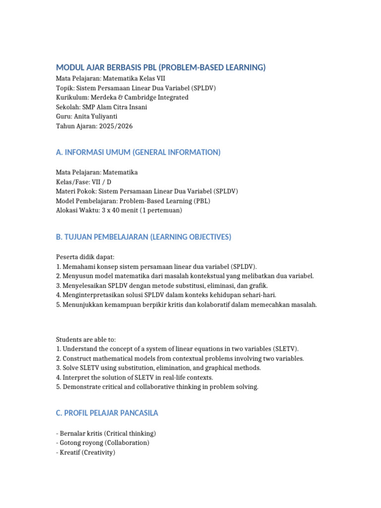 Modul PBL SPLDV Matematika Kelas VII | PDF