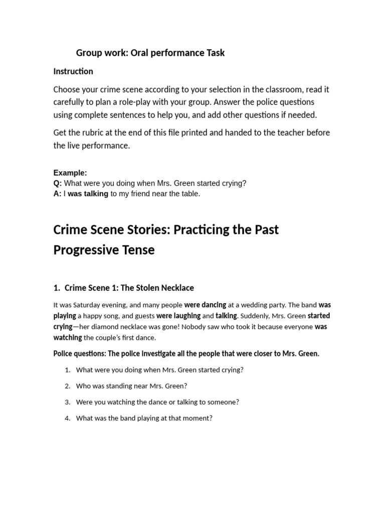 Crime Scene Role-Play Instructions | PDF | Vocabulary