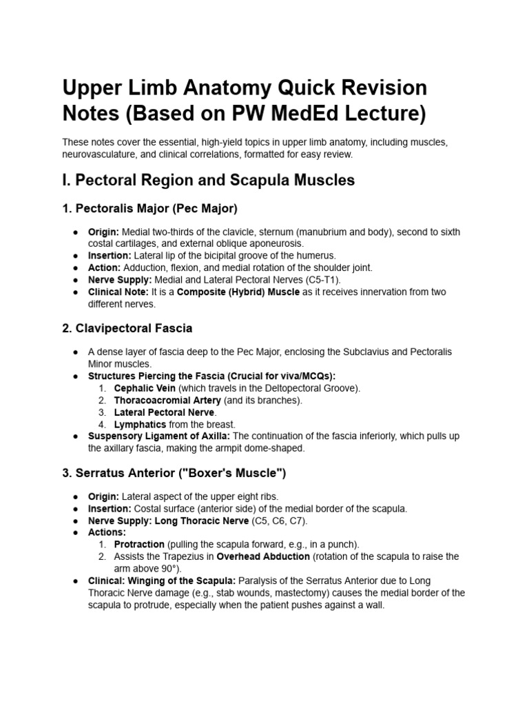 Upper Limb Anatomy Revision Notes | PDF | Hand | Anatomical Terms Of Motion