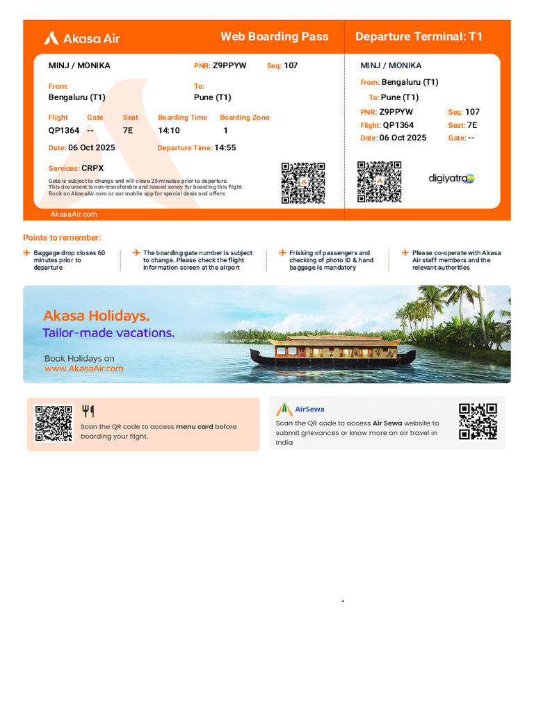 Akasa Air E-Boarding Pass - Z9PPYW - Monika | PDF