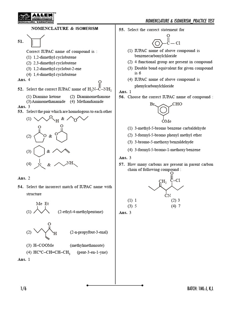 FC - Nomenclature & Isomerism - Practice Test | PDF | Isomer | Chemical ...