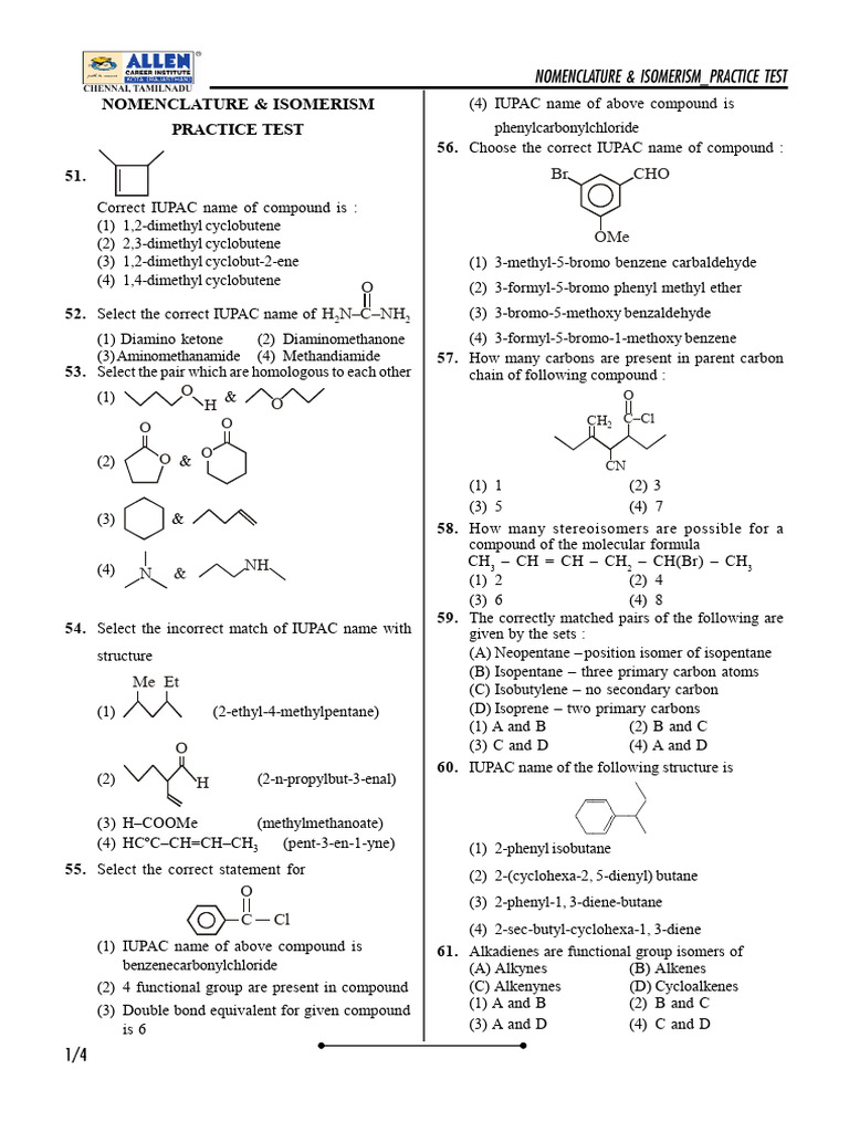 SC - Nomenclature & Isomerism - Practice Test | PDF | Isomer | Chemical ...