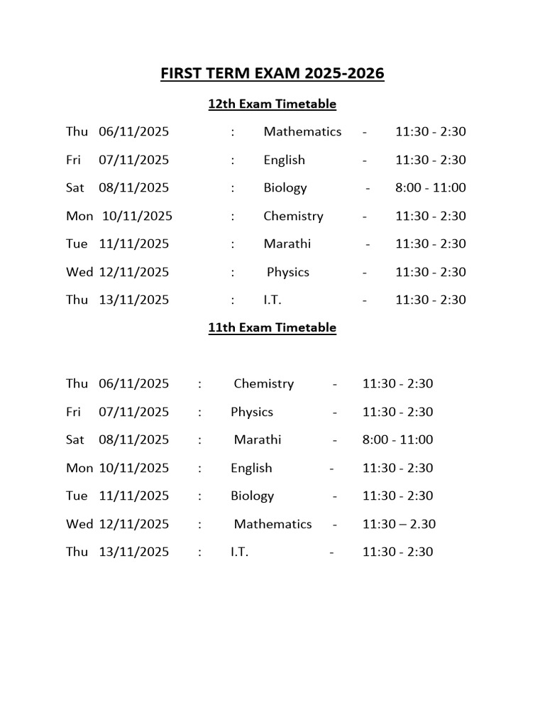 2025-26 First Term Exam Schedule | PDF