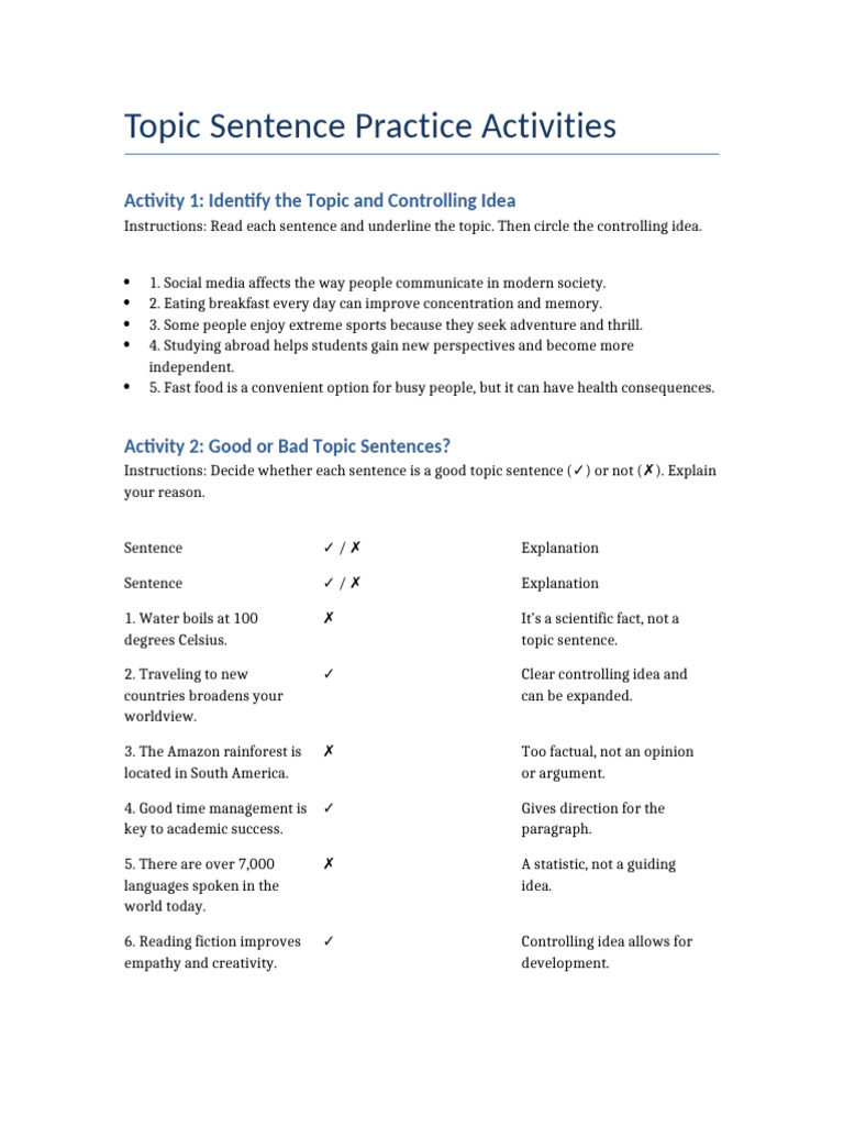Topic Sentence Practice | PDF