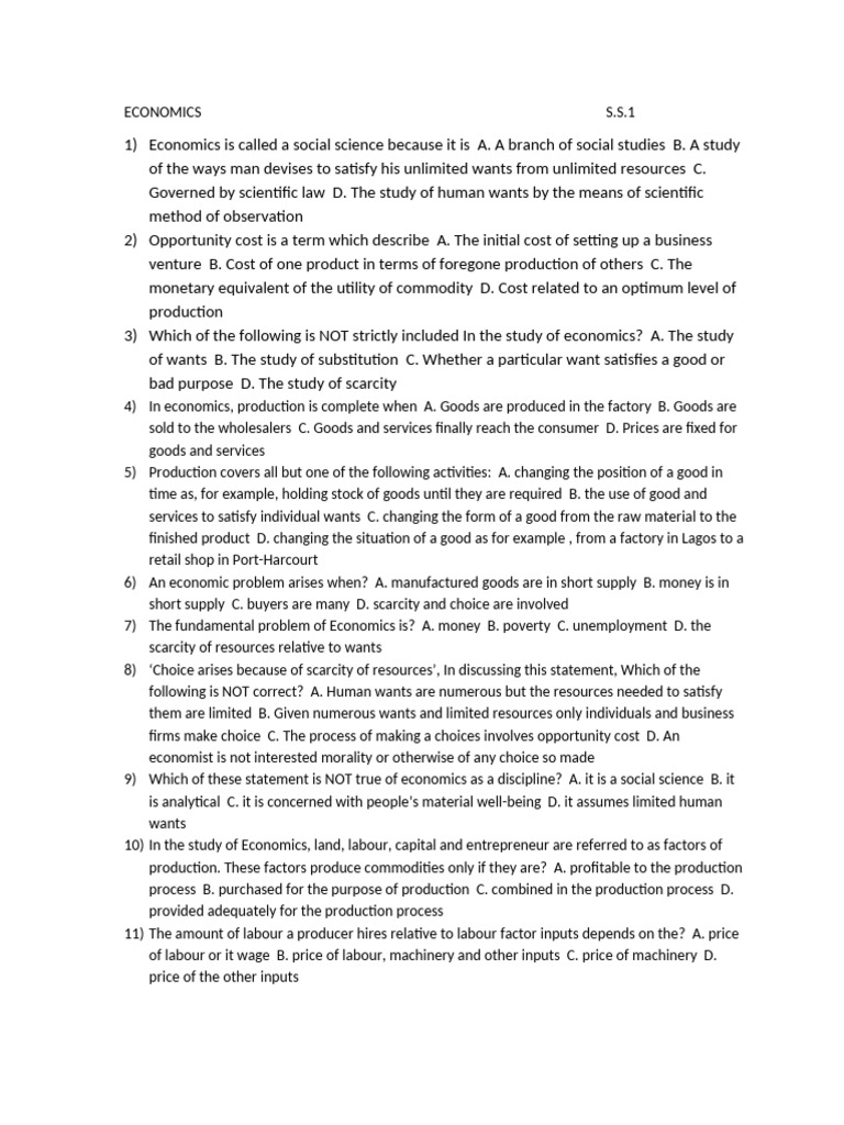 Economics S S 1 Pdf Labour Economics Economics
