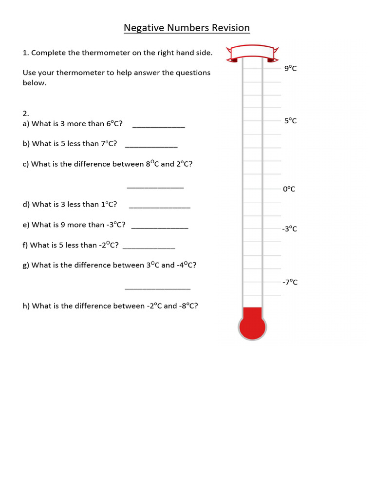 Negative Numbers and Temperature Revision | PDF