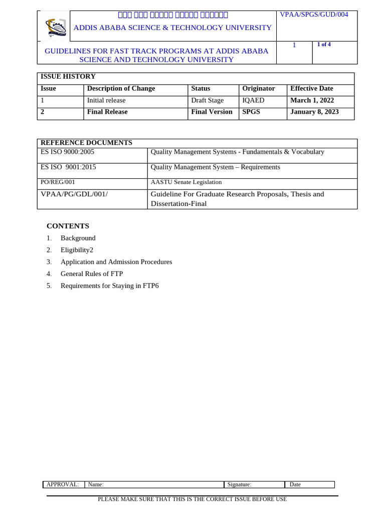 VPAA SPGS GUD 004 Guidelines For Fast Track Programs at Addis Ababa ...