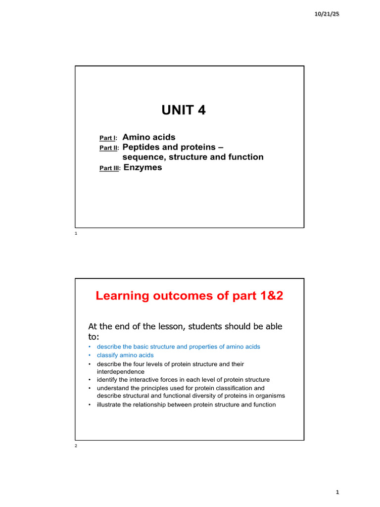 Unit 4 Amino Acids Proteins 2025 Handout | PDF | Beta Sheet | Alpha Helix