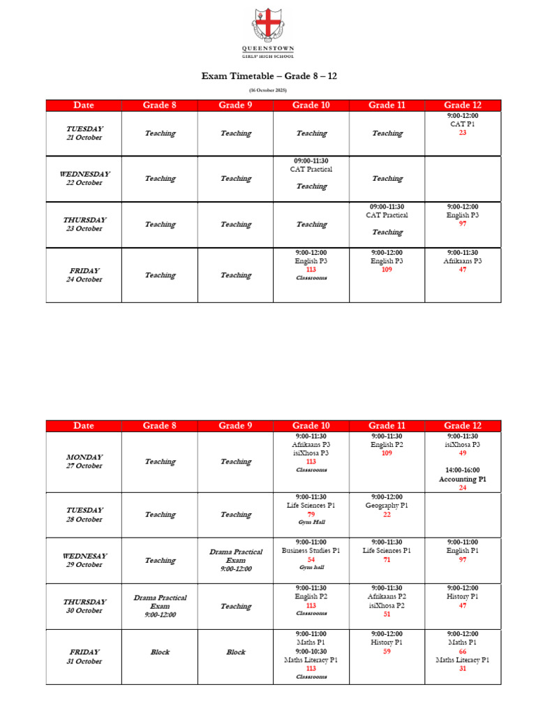 Grade 8-12 Exam Timetable 2025 | PDF | Inquiry | Science