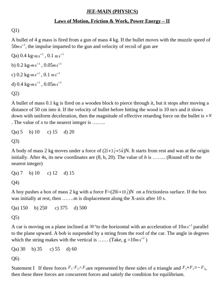 Jee Main Physics (Lom, Friction & Wpe) -II | PDF | Force | Friction