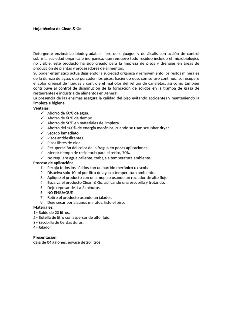 Detergente Enzimático Clean & Go | PDF
