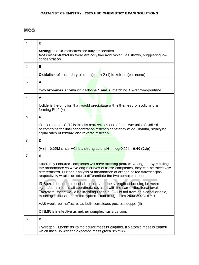 HSC Chemistry 2025 Solutions - CATALYST | PDF | Acid | Coordination Complex