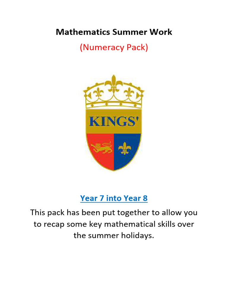 Year 7 Into 8 Numeracy Pack (Questions and Answers) | PDF | Area | Length