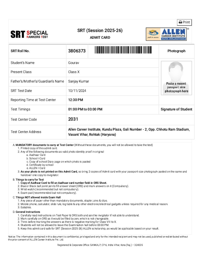 Allen Spark Admit Card Instructions | PDF