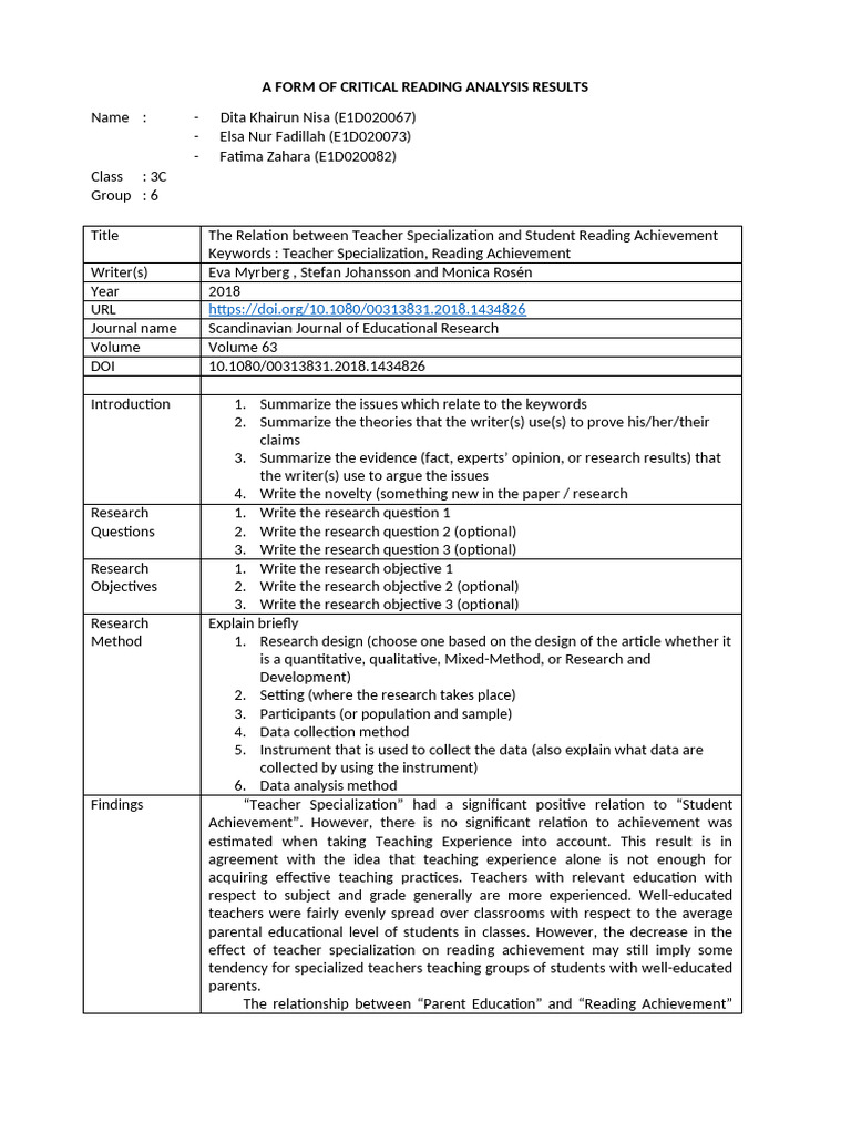 A Form of Critical Reading Analysis Results | PDF | Teachers | Teacher ...