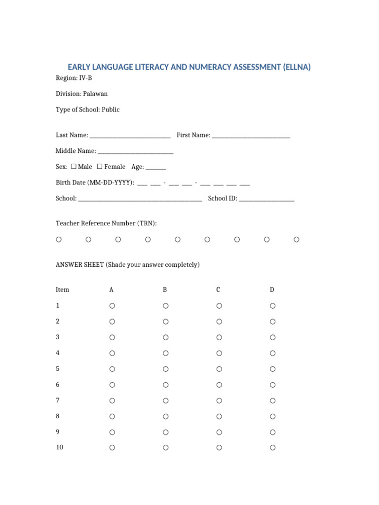 ELLNA Optical Form 50 Items Region IVB Palawan Public | PDF