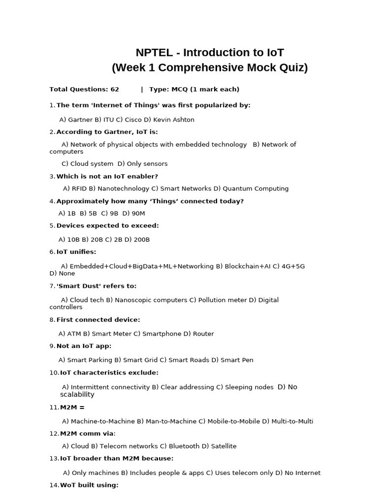 NPTEL IoT Week1 Mock Quiz | PDF | I Pv6 | Internet Of Things