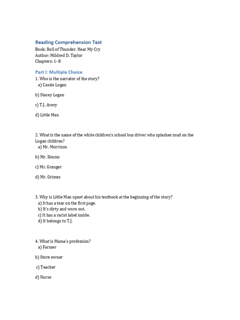 Roll of Thunder Test and Answer Key | PDF