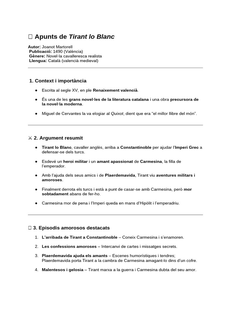 Apunts Tirant Lo Blanc 2 | PDF