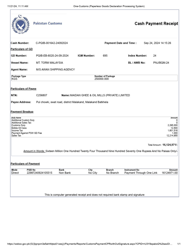 Cash Payment Receipt for Customs Duty | PDF | Payments | Economies