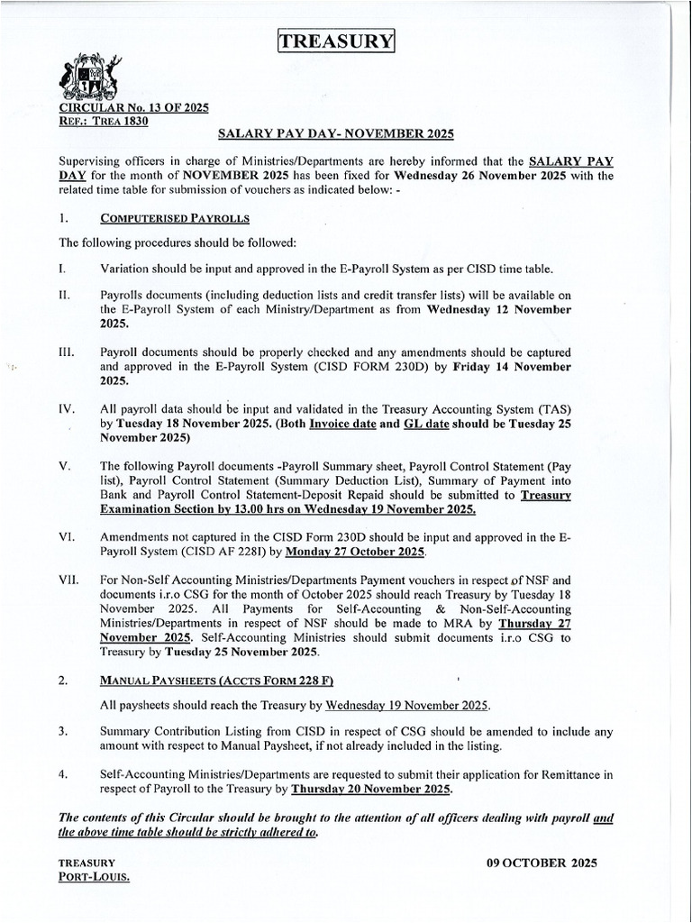 Circular Salary Pay Day Nov 2025 | PDF