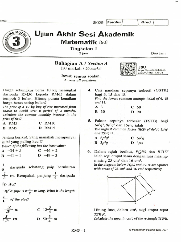 Latihan UASA Matematik Tingkatan 1 (Practice UASA Mathematics Secondary ...
