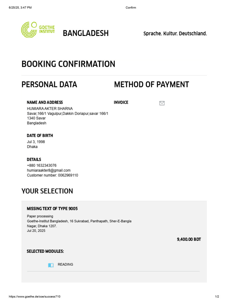 Humiara Akter Sharna's Booking Confirmation | PDF