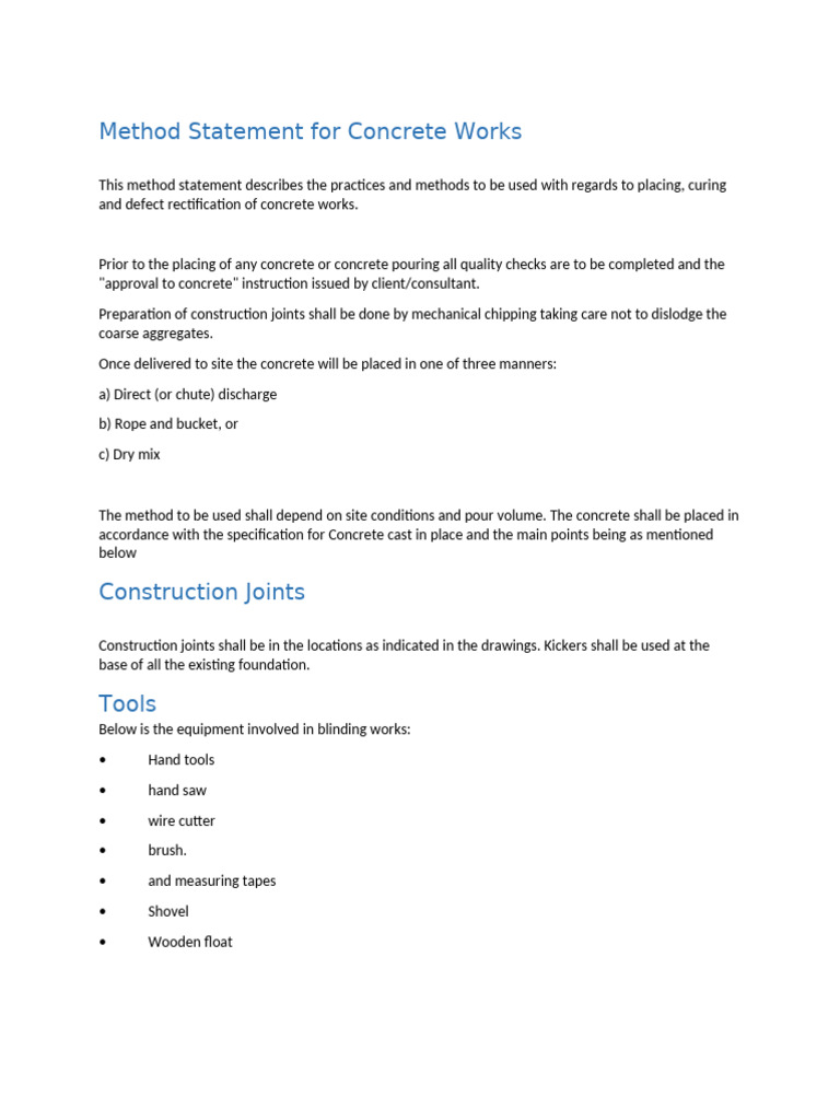 Concrete Works Method Statement Guide | PDF | Concrete | Building Materials