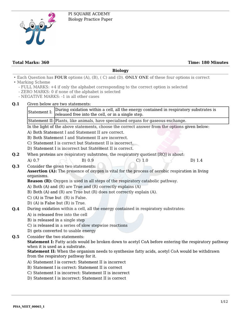 Biology NEET Practice Paper 360 Marks | PDF | Electron Transport Chain ...