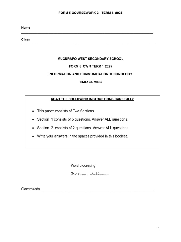 ICT Coursework Form 5 Term 1 2025 | PDF | Printer (Computing) | Computing