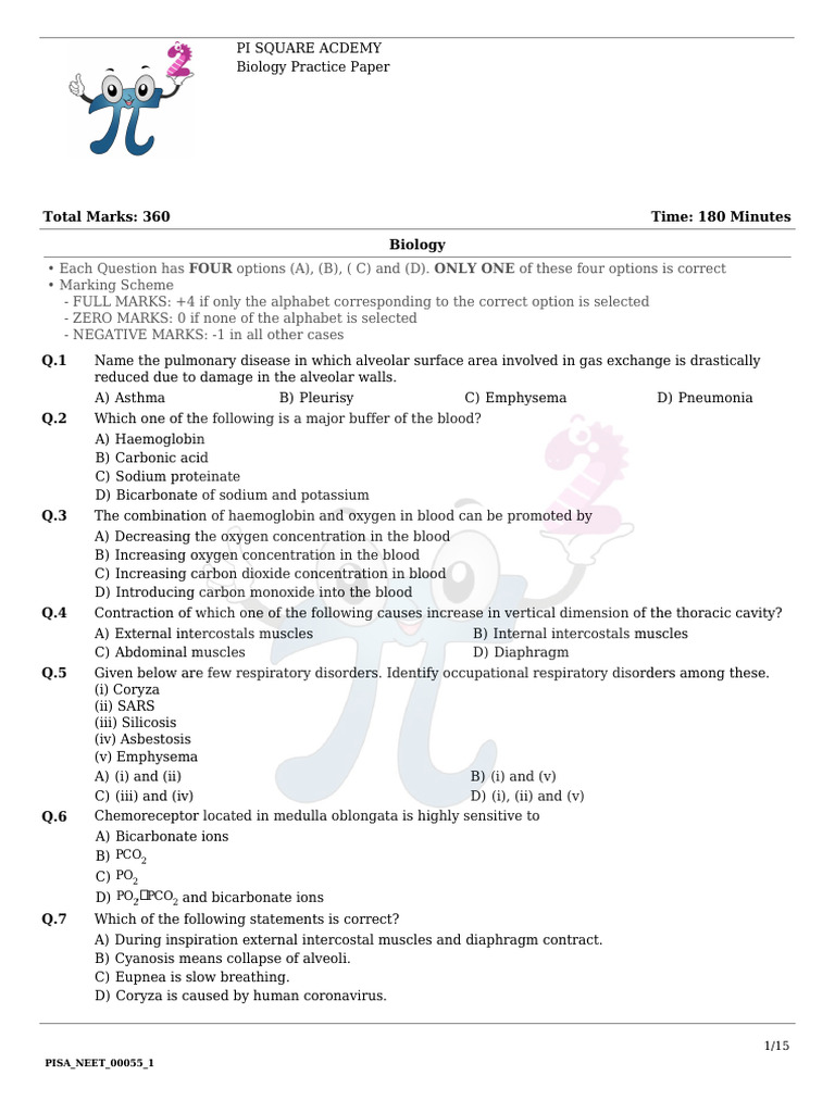 Biology NEET Practice Paper 360 Marks | PDF | Respiratory System ...
