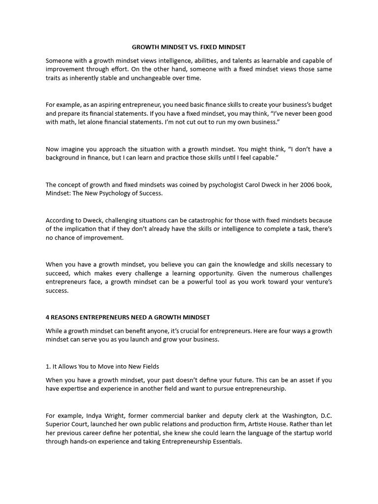Growth vs. Fixed Mindset for Entrepreneurs | PDF | Mindset ...