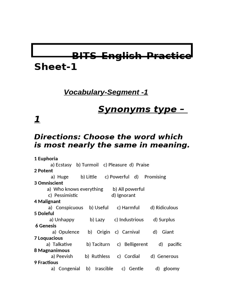 BITS WK Sheet 1 Synonyms | PDF