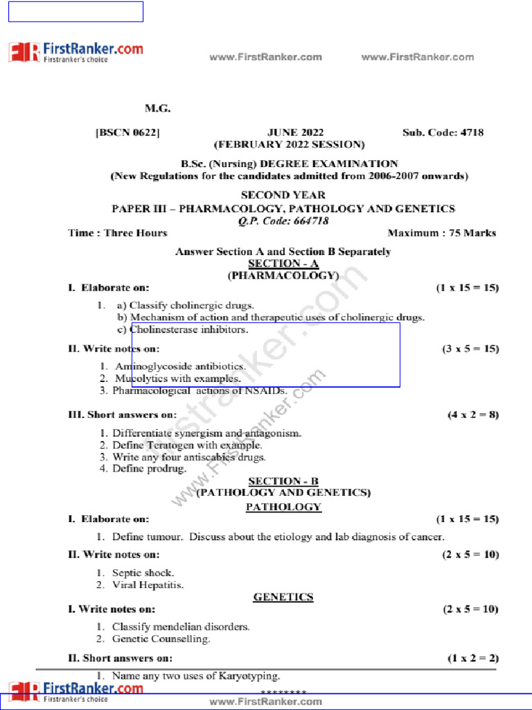 FR 664718 Paper III Pharmacology Pathology and Genetics Question Paper ...