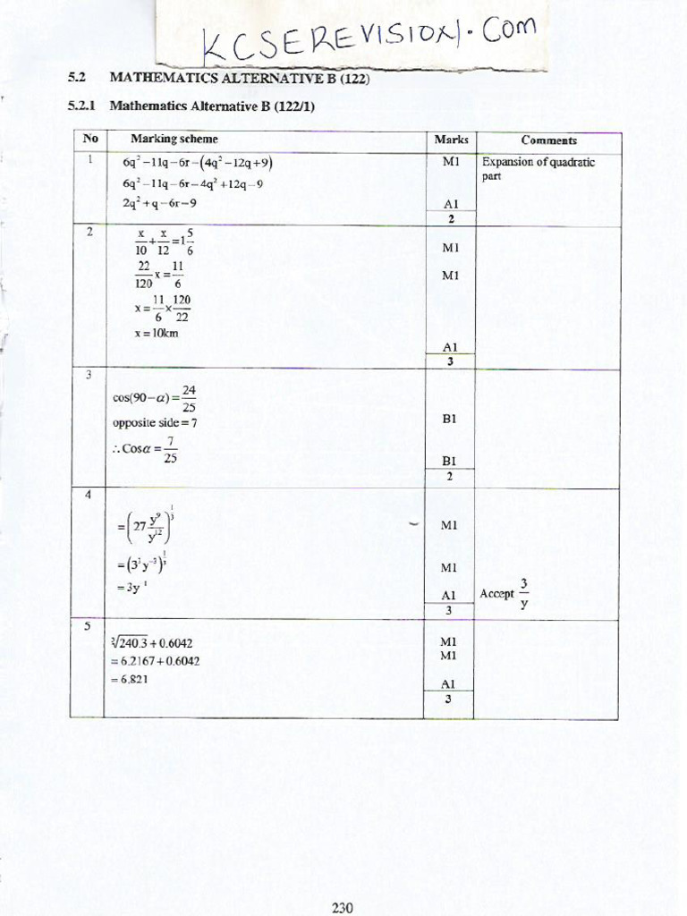 2019 Kcse Knec Mathematics Alt B Paper 1 Marking Scheme | PDF
