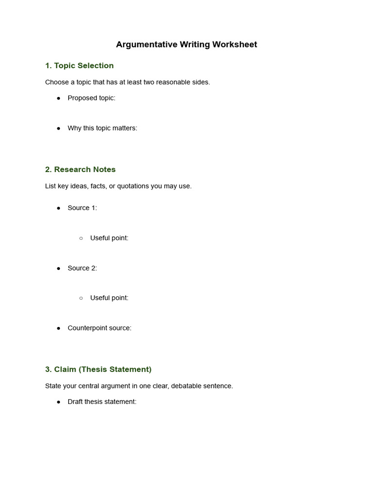 Argumentative Writing Guide Worksheet | PDF | Evidence | Argument